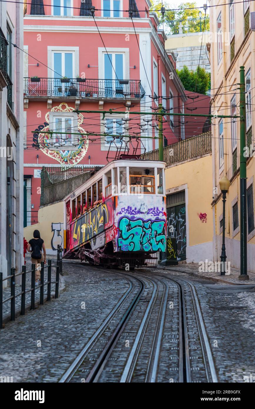 Funicular Gloria, typical tram that saves a steep slope in the upper ...