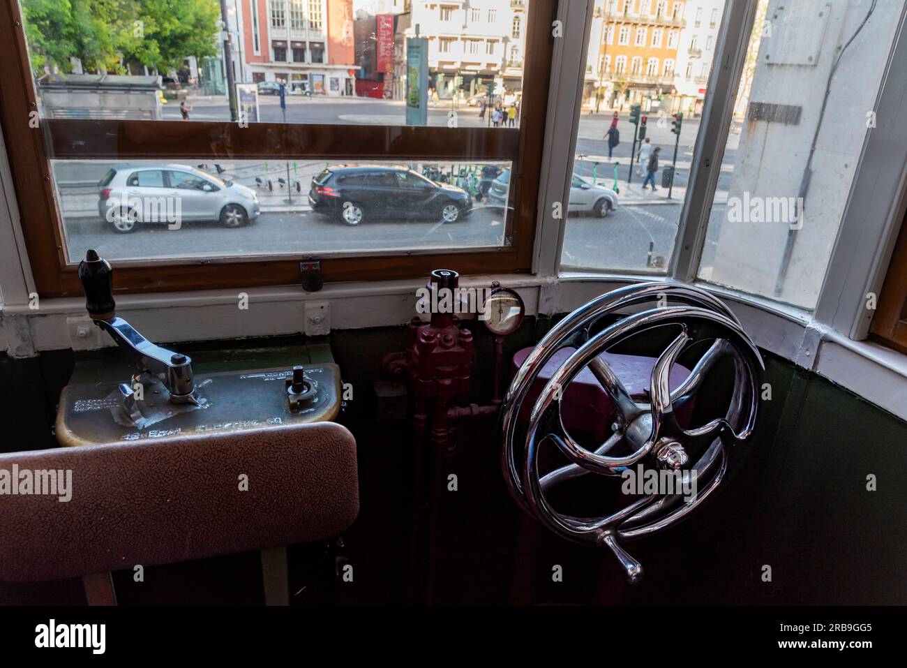 Lisbon tram, place from where the driver controls the tram Stock Photo ...