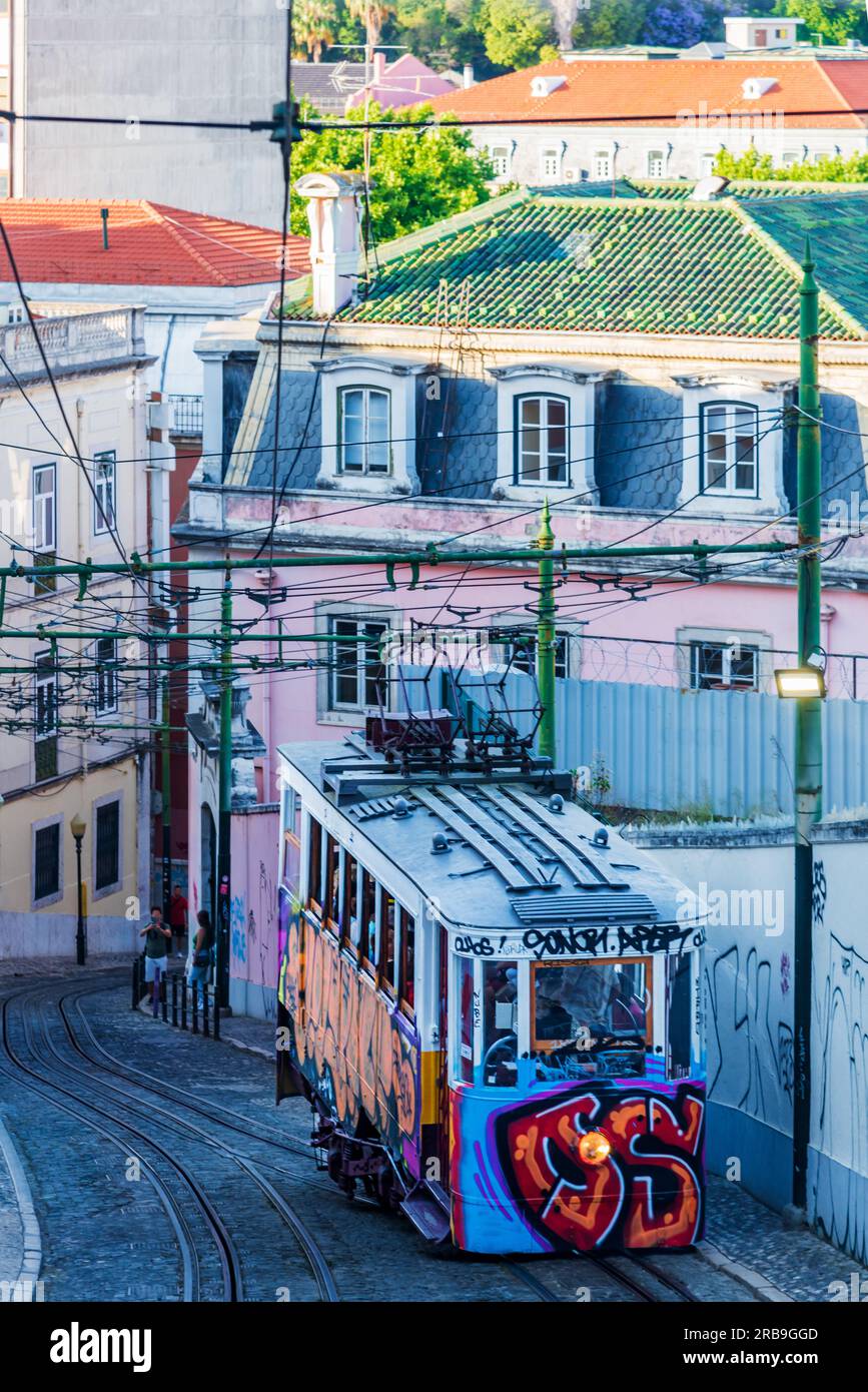 Funicular Gloria, typical tram that saves a steep slope in the upper ...