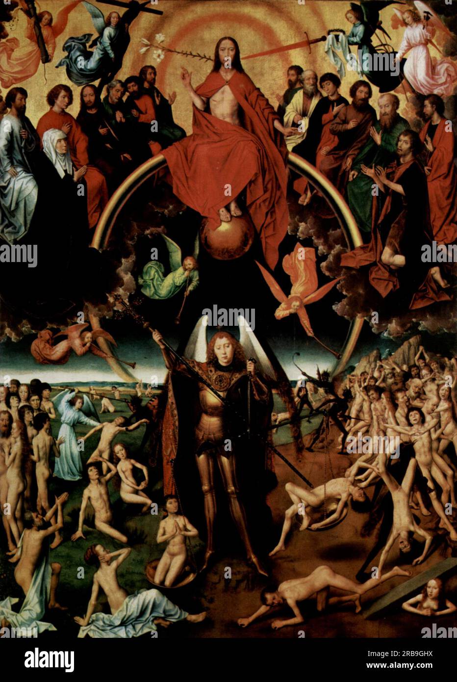 The Last Judgment triptych, central panel, Maiestas Domini with Archangel Michael weighing the ...
