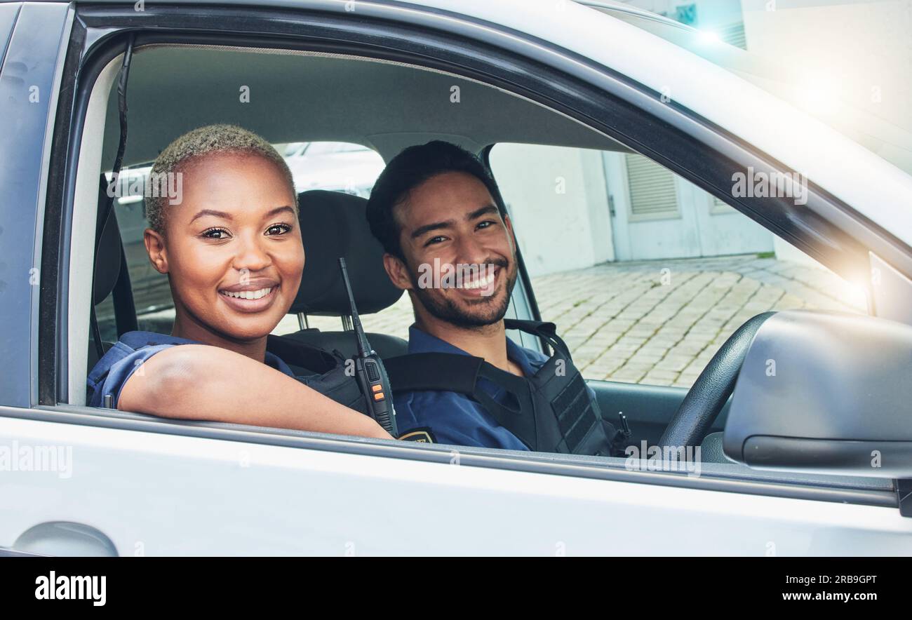 Police, driving together and portrait in car, smile and happy ...
