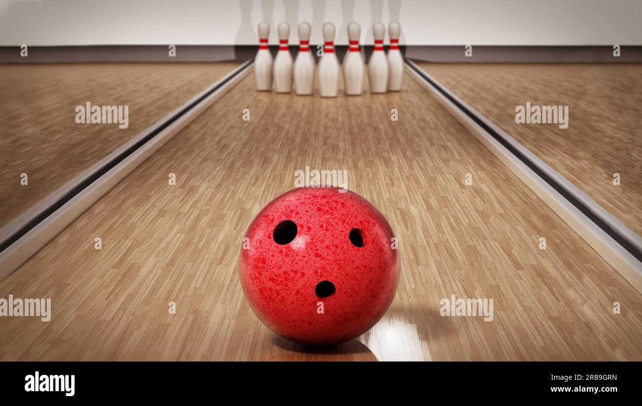 Bowling pins and red bowling ball standing on wooden surface. 3D ...