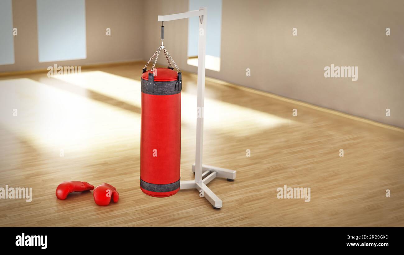 Boxing sandbag hanging on the chain inside a room. 3D illustration ...