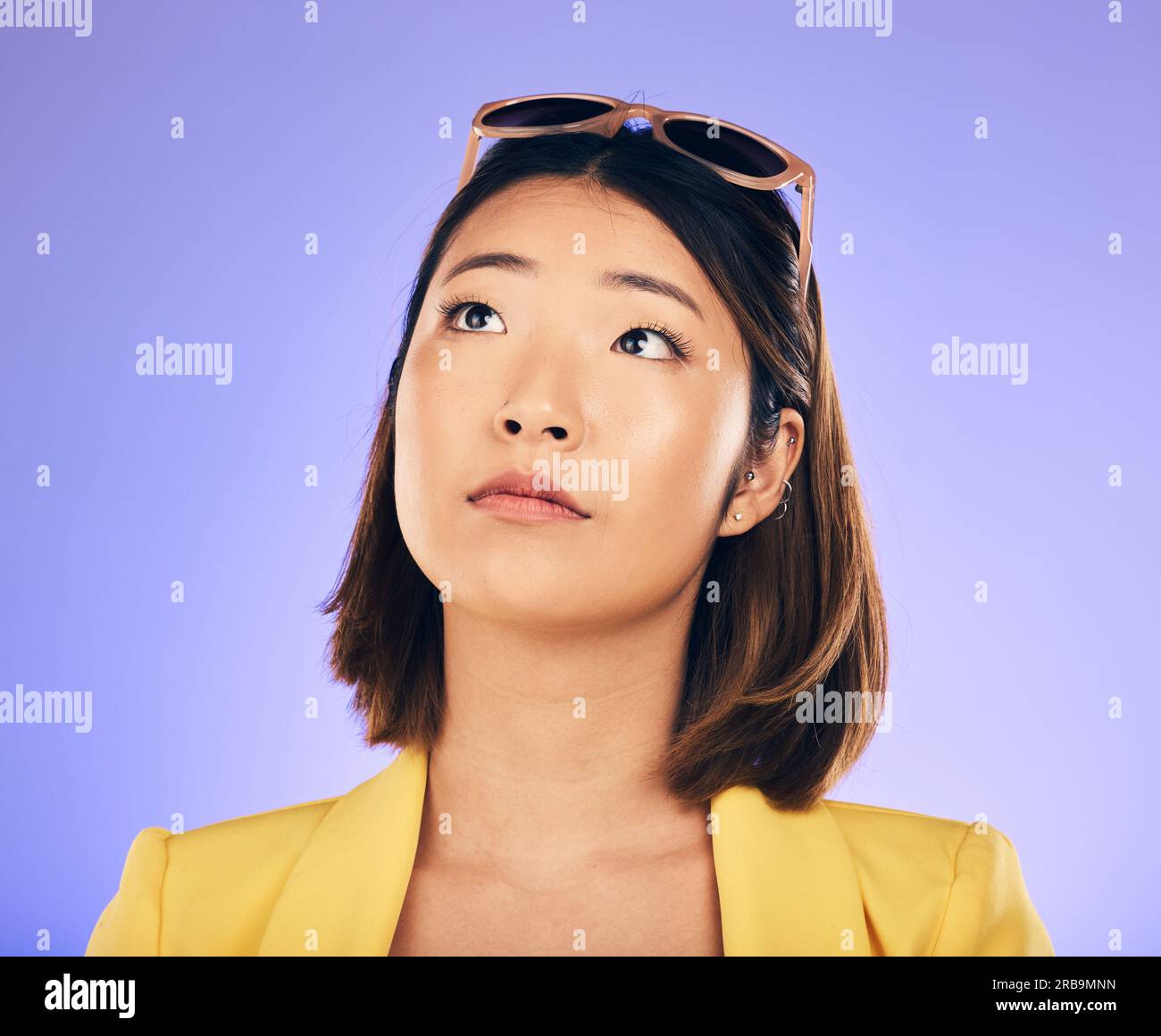 Thinking, woman and face with sunglasses for fashion, idea or think of ...