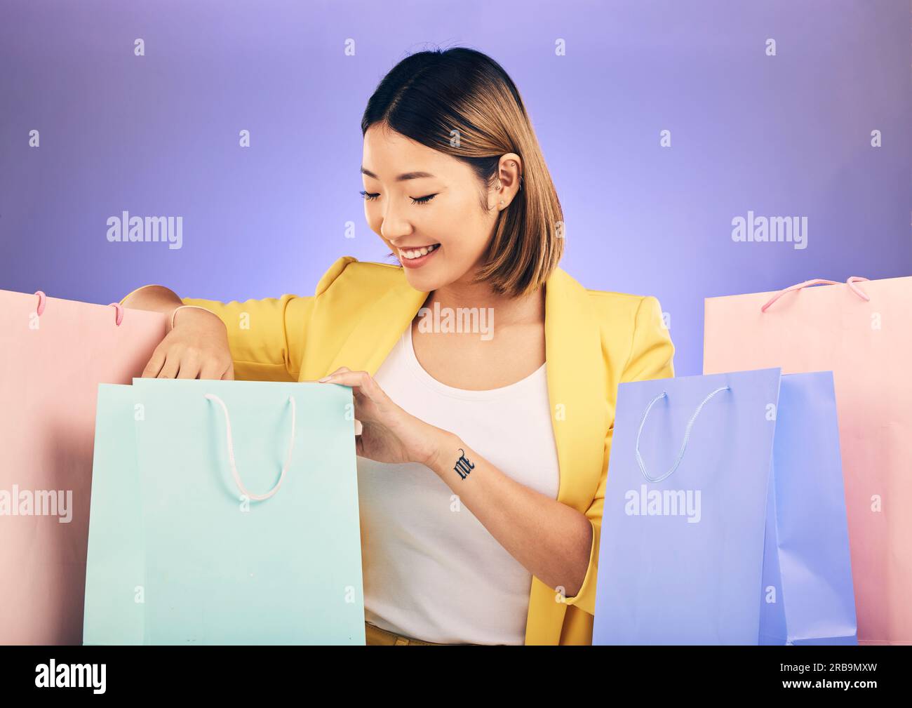Check, shopping bag and happy woman for fashion sale, discount or ...
