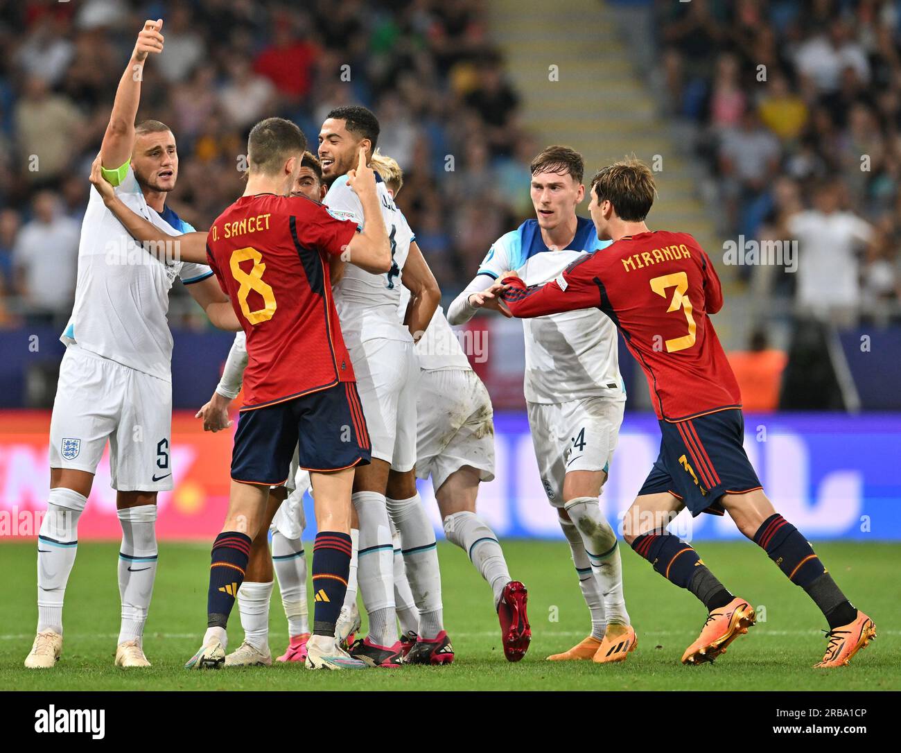 Tempers flare between Spain's Oihan Sancet and England's Levi Colwill ...