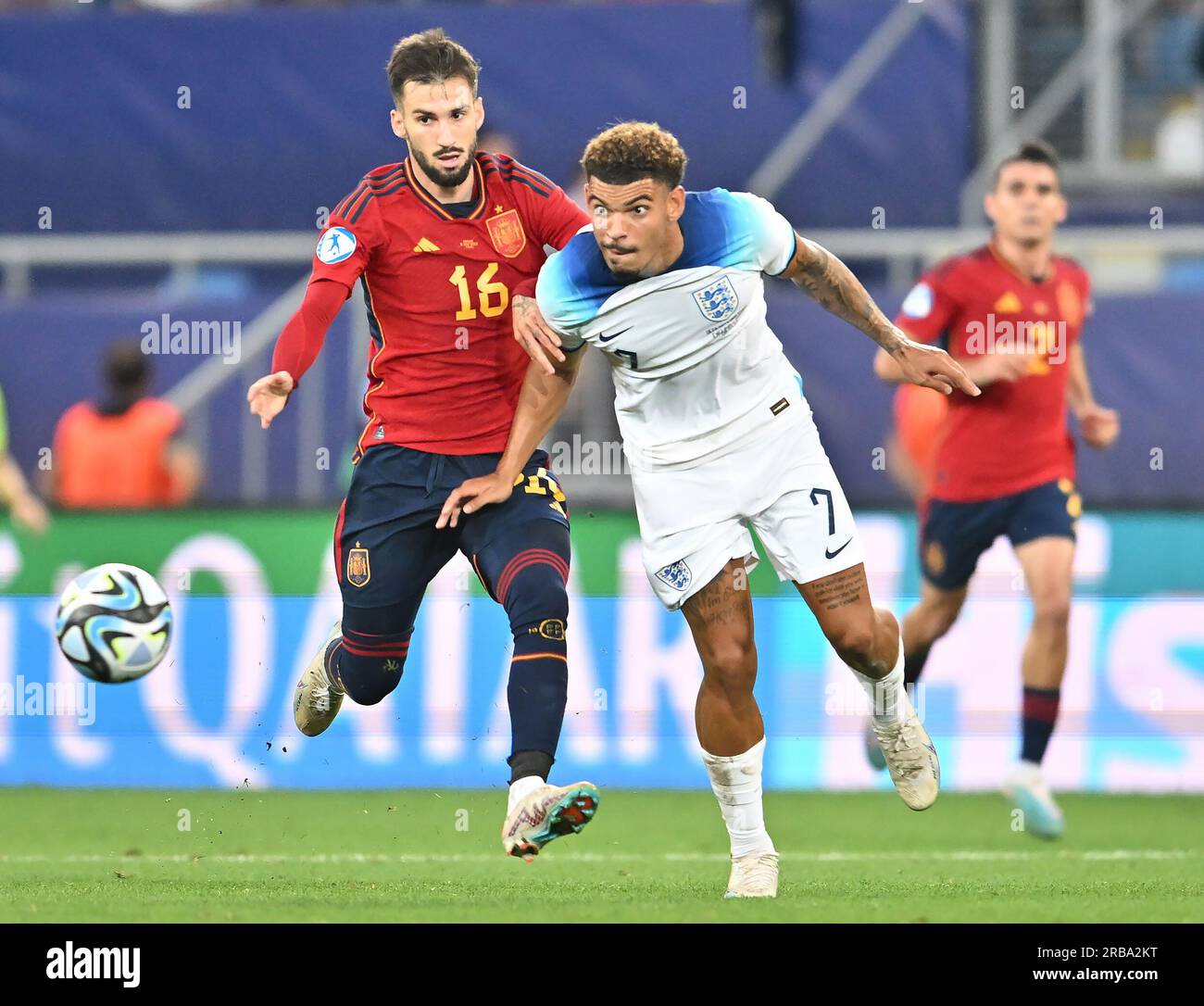 Spain's Alejandro Baena (left) and England's Morgan Gibbs-White battle ...