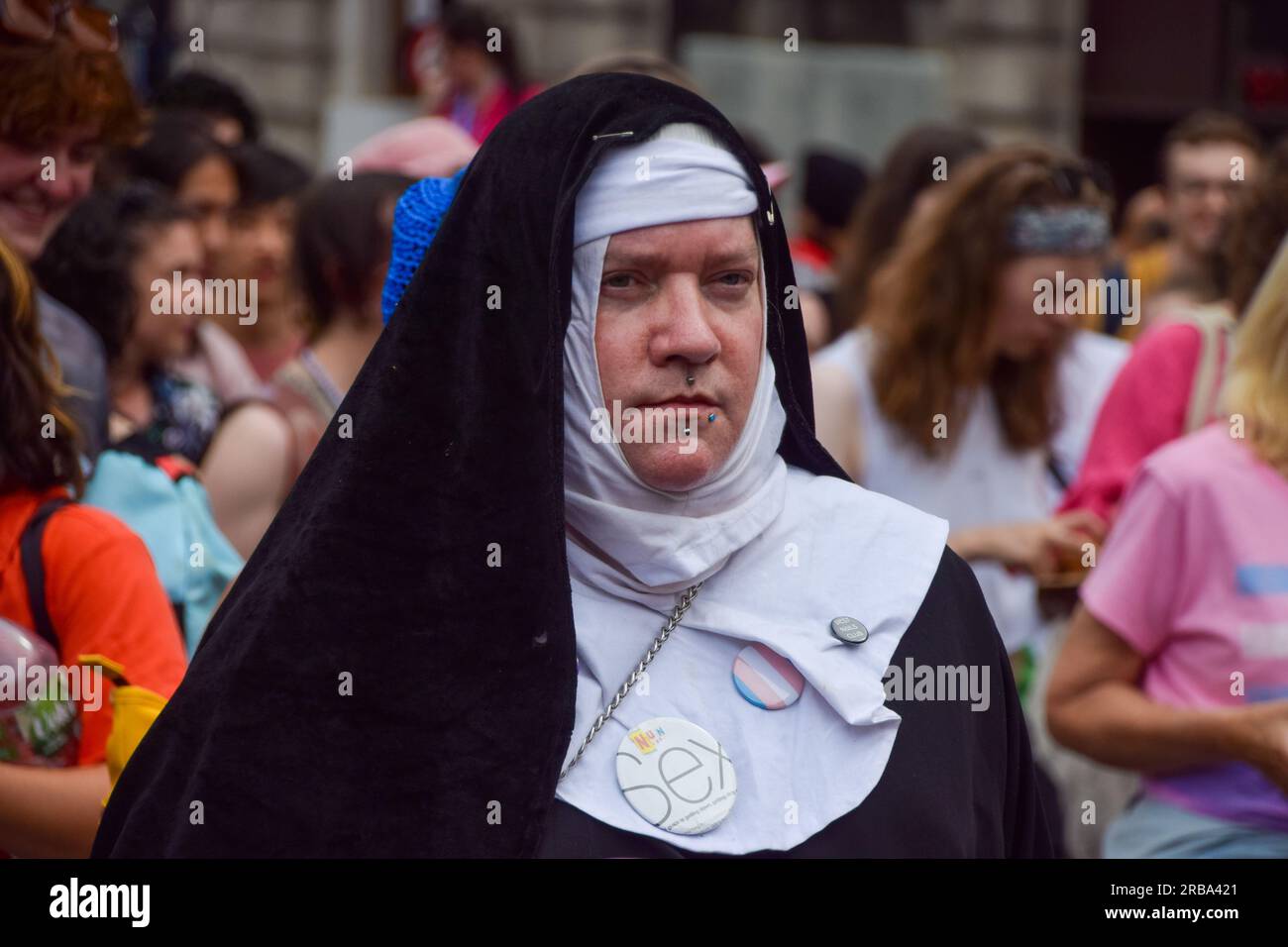 London, England, UK. 8th July, 2023. A protester wears a nun outfit as ...