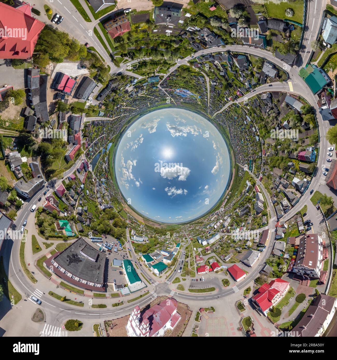 blue sphere inside overlooking old town, urban development, historic ...