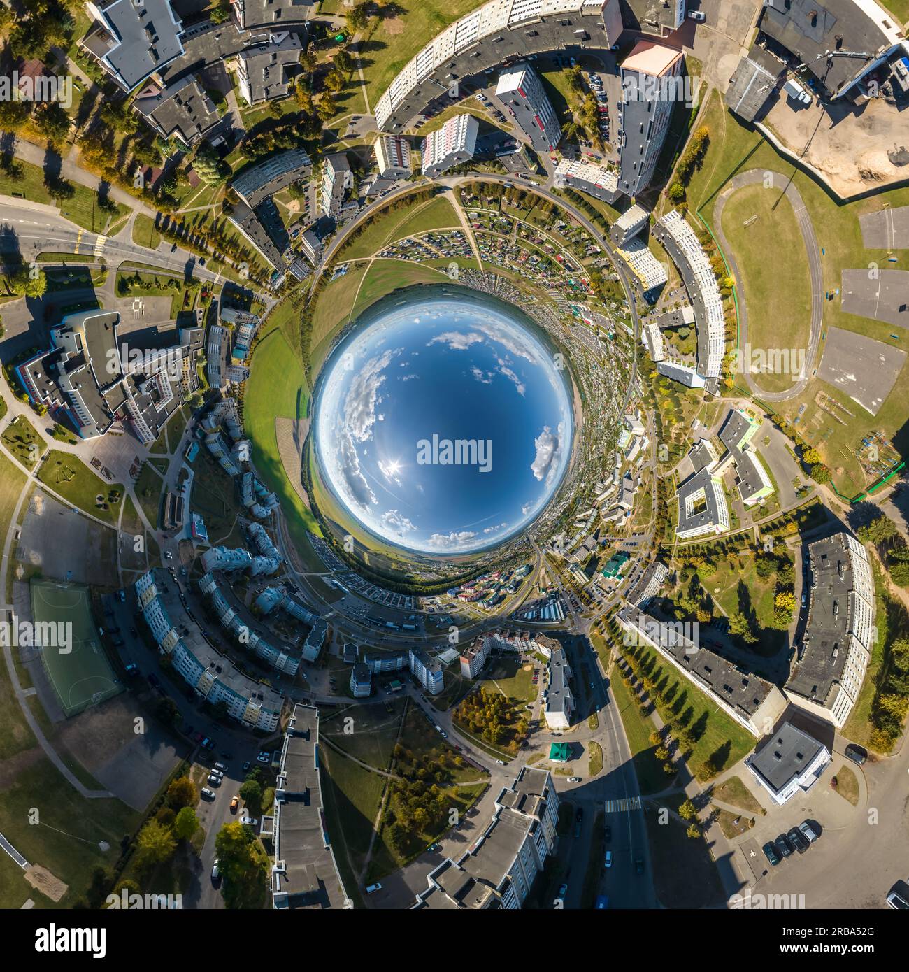 blue sphere inside overlooking old town, urban development, historic ...