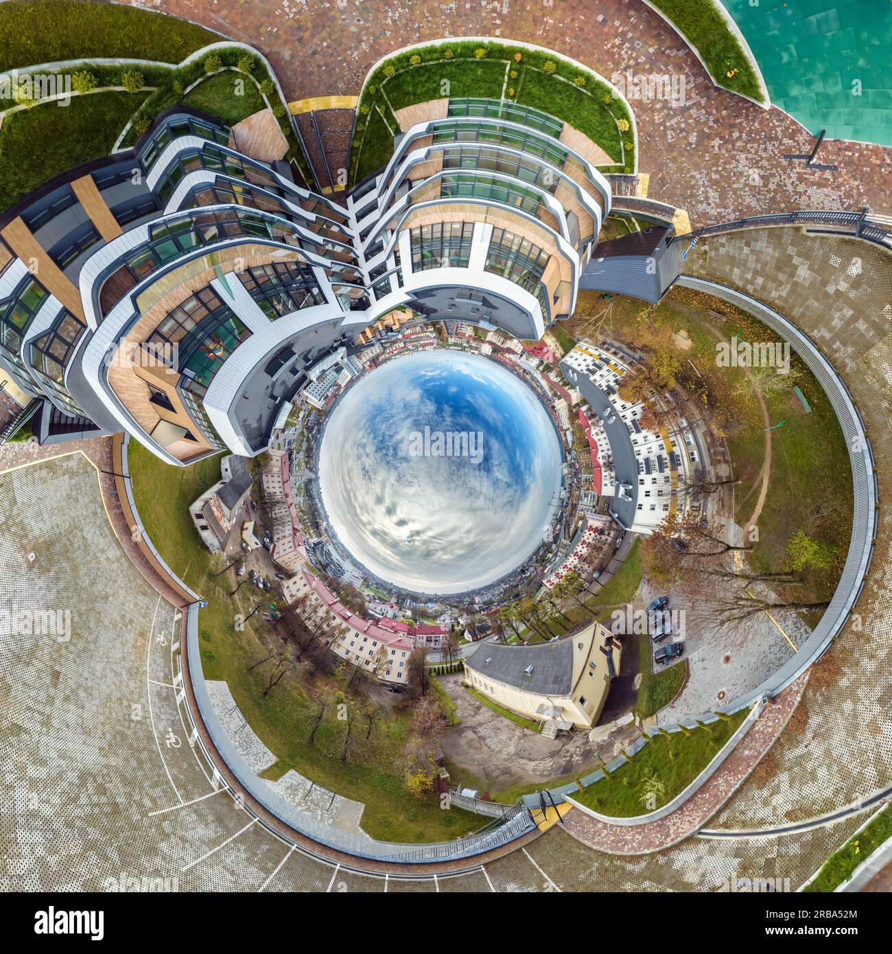 blue sphere inside overlooking old town, urban development, historic buildings and crossroads ...