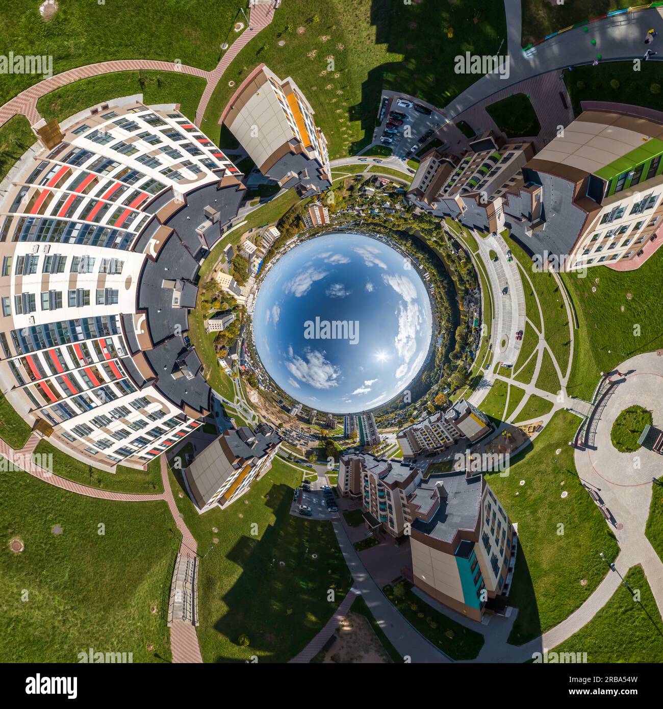 blue sphere inside overlooking old town, urban development, historic buildings and crossroads ...