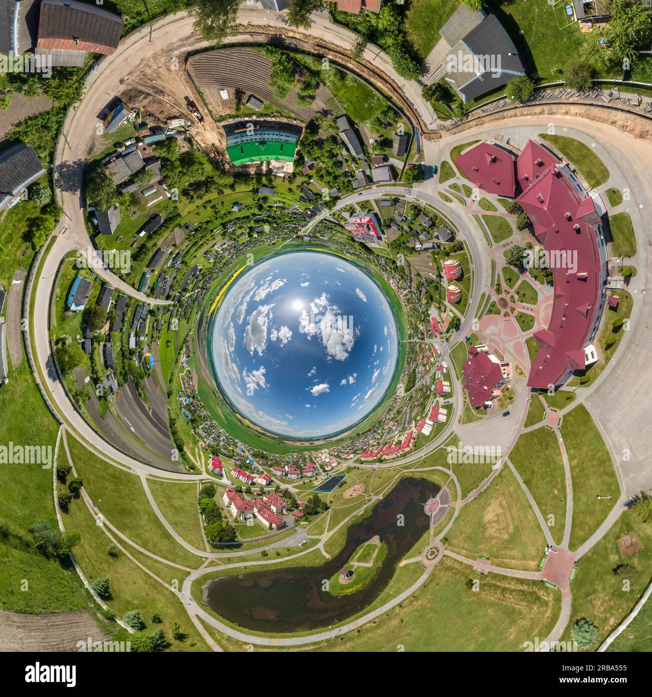 blue sphere inside overlooking old town, urban development, historic ...