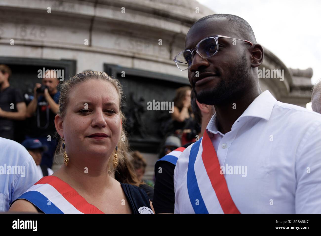 Paris, France. 8th July, 2023. Mathilde Panot and Carlos Martens ...