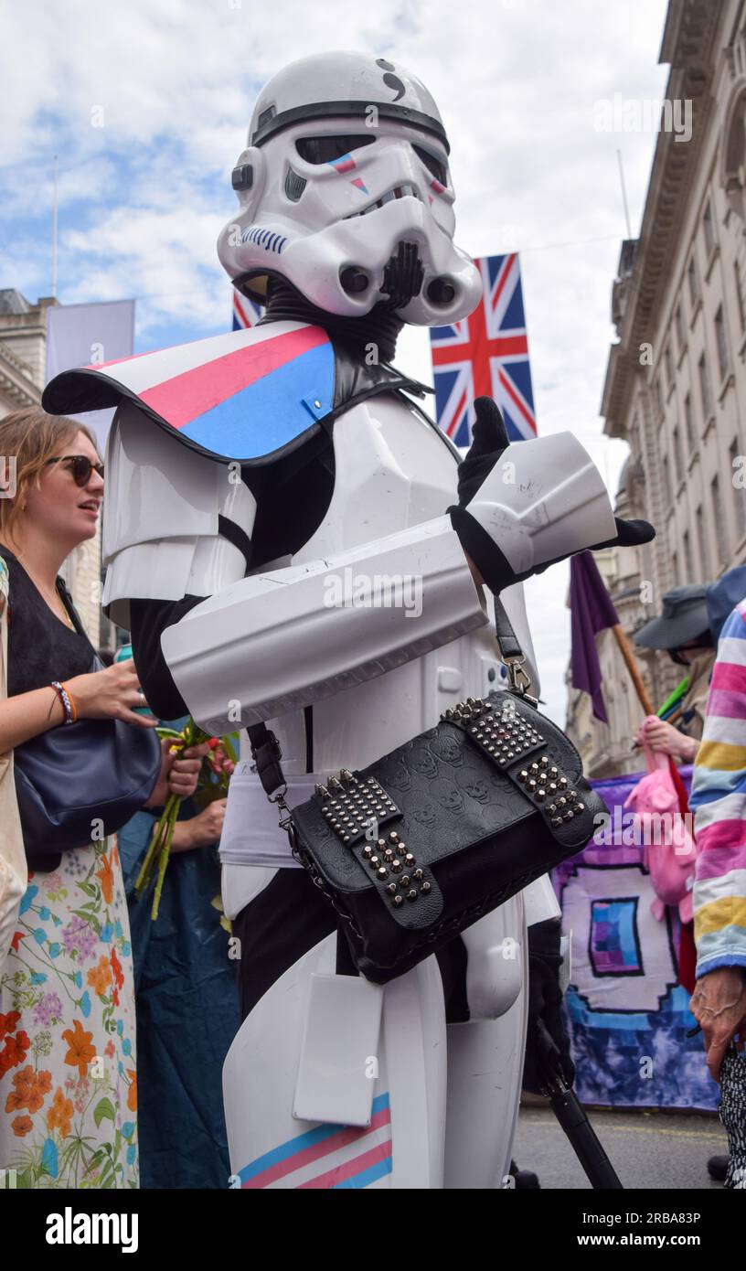 London, UK. 8th July 2023. A protester wears a Star Wars Stormtrooper ...