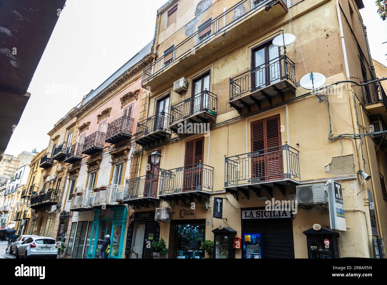 Agrigento, Italy - May 8, 2023: Shopping street with an old houses in ...