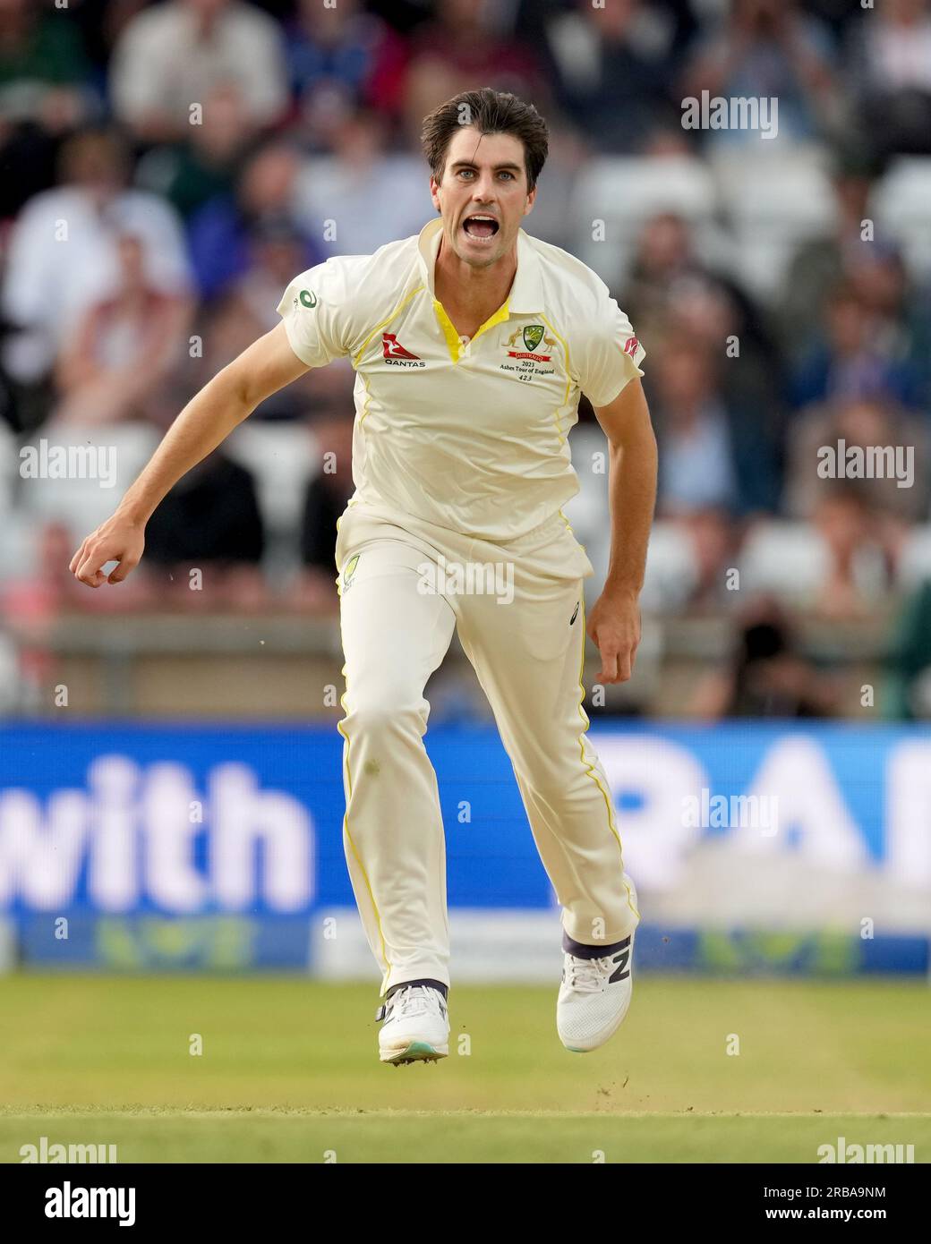 Australia's Pat Cummins reacts during day three of the LV= Insurance ...