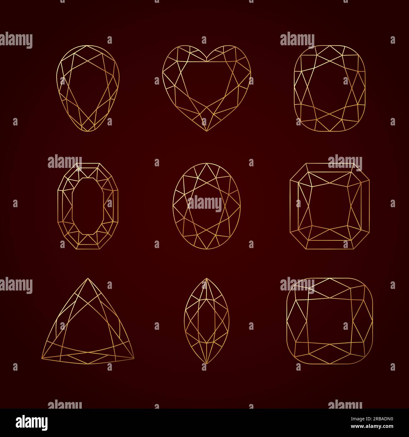 Collection of nine beautiful linear gemstones in gold color on a dark ...