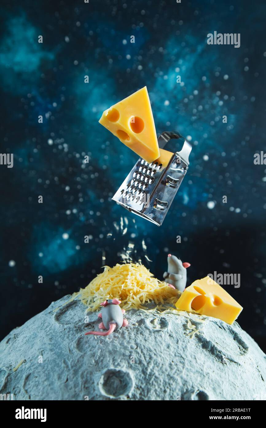 Little plasticine mice on the moon. Levitating grater and a piece of ...