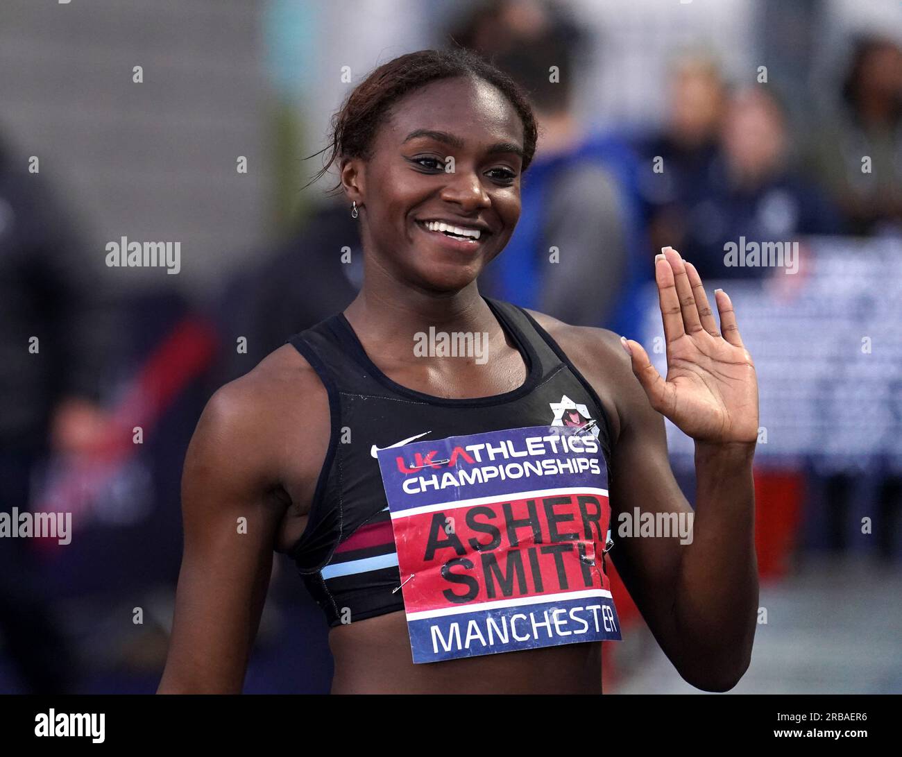Dina Asher-Smith celebrates winning the Women's 100m during day one of ...