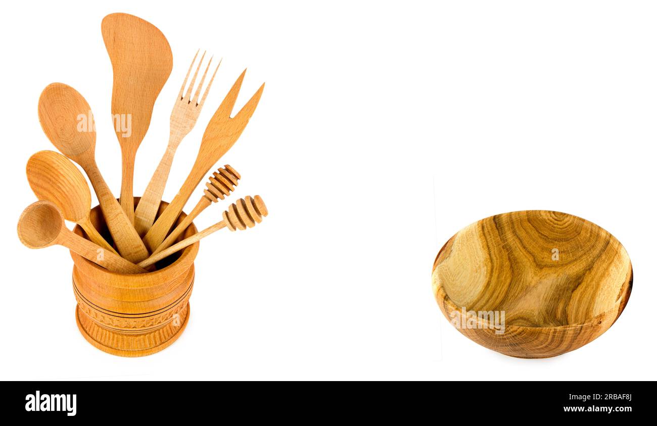 Set of wooden kitchen utensils isolated on white background. Free space ...