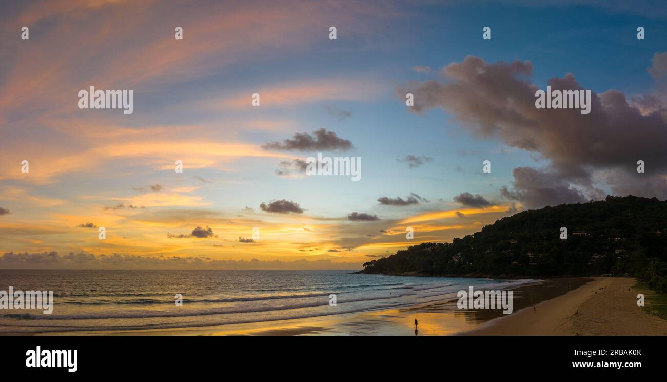 Aerial panorama view scene romantic pink sky on sunset at Karon beach ...