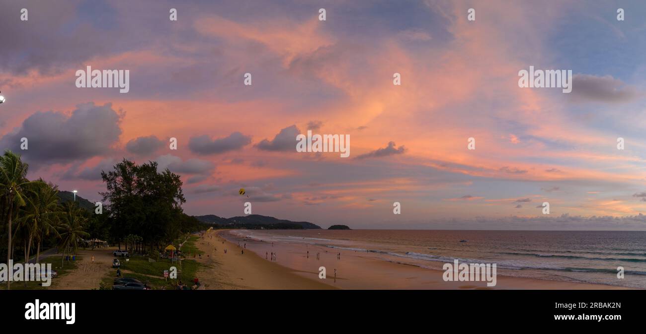 Aerial panorama view scene romantic pink sky on sunset at Karon beach ...