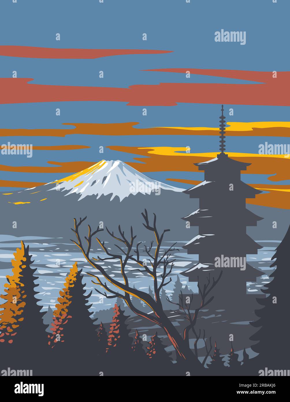WPA poster art of Mount Fuji and pagoda in winter located on the island ...