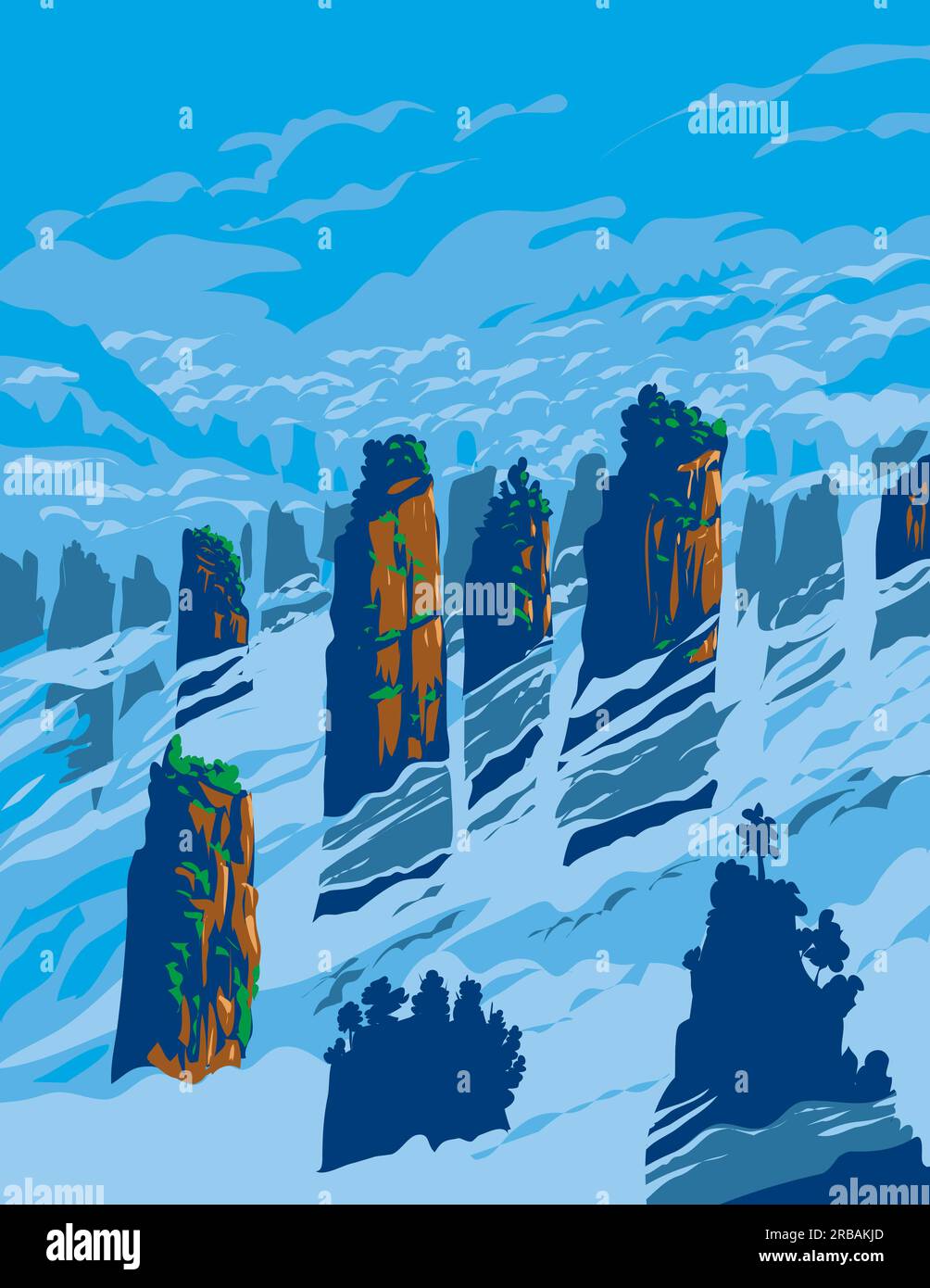 WPA poster art of sandstone pillars of Wulingyuan Scenic Area part of ...