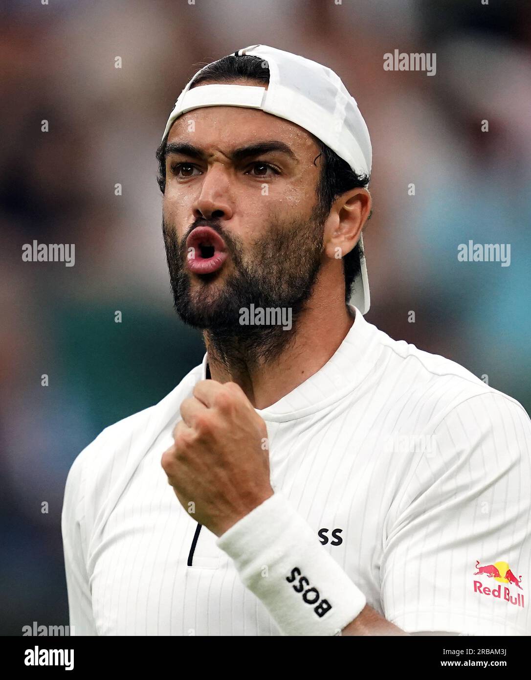 Matteo Berrettini reacts during his match against Alexander Zverev (not pictured) on day six of ...