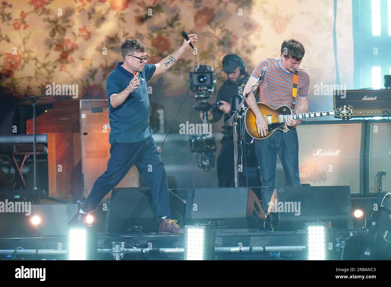 Damon Albarn And Graham Coxon Of Blur Performing On Stage At Wembley