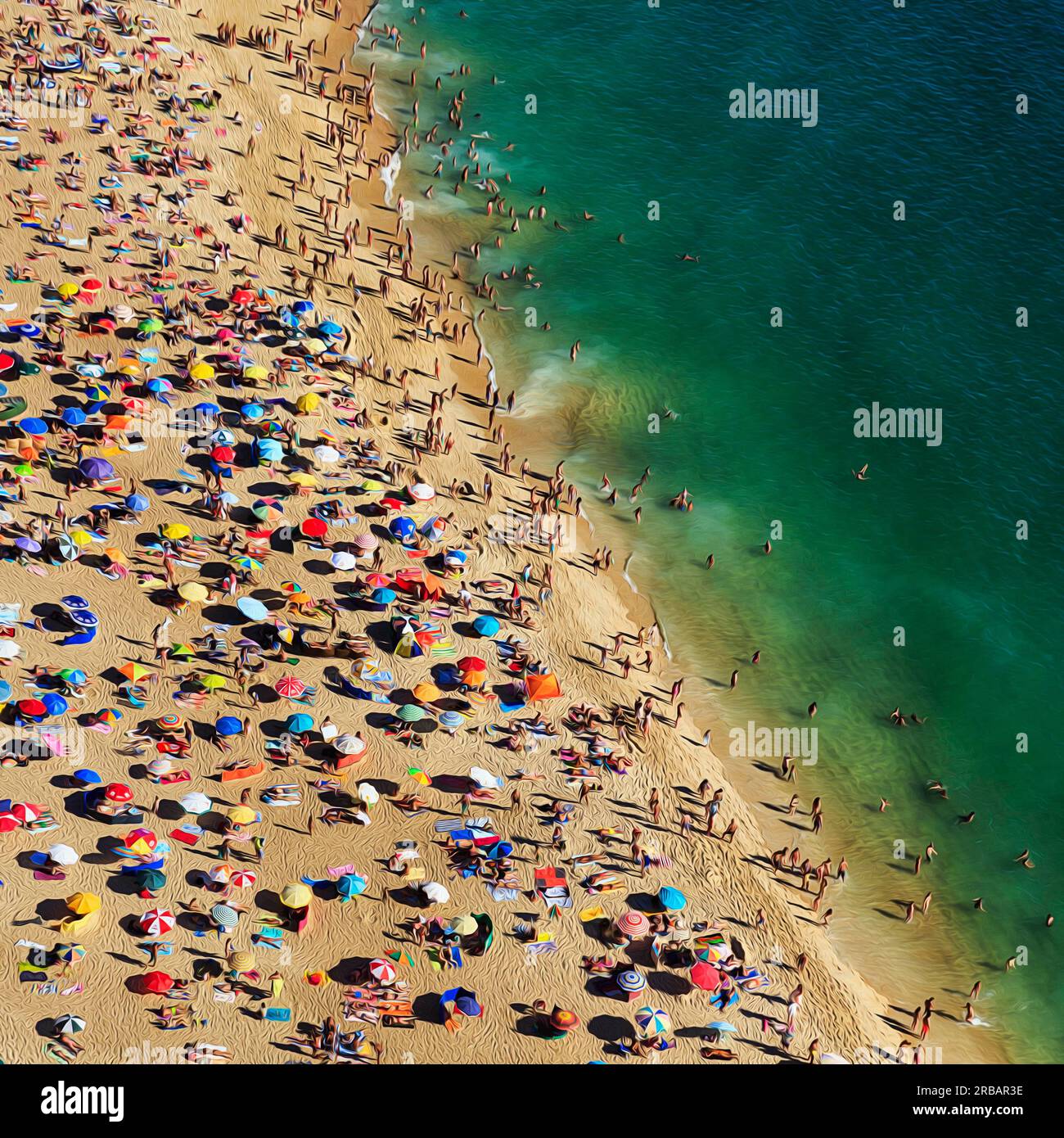 View from above of anonymous crowd, holidaymakers, colourful parasols ...