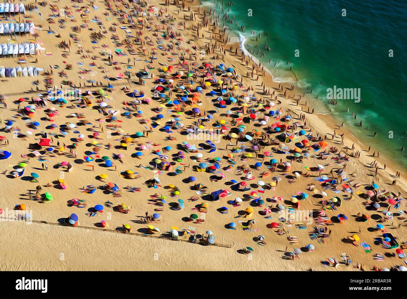 View from above of anonymous crowd, holidaymakers, colourful parasols ...