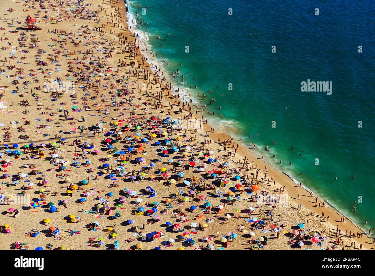 View from above of anonymous crowd, holidaymakers, colourful parasols ...