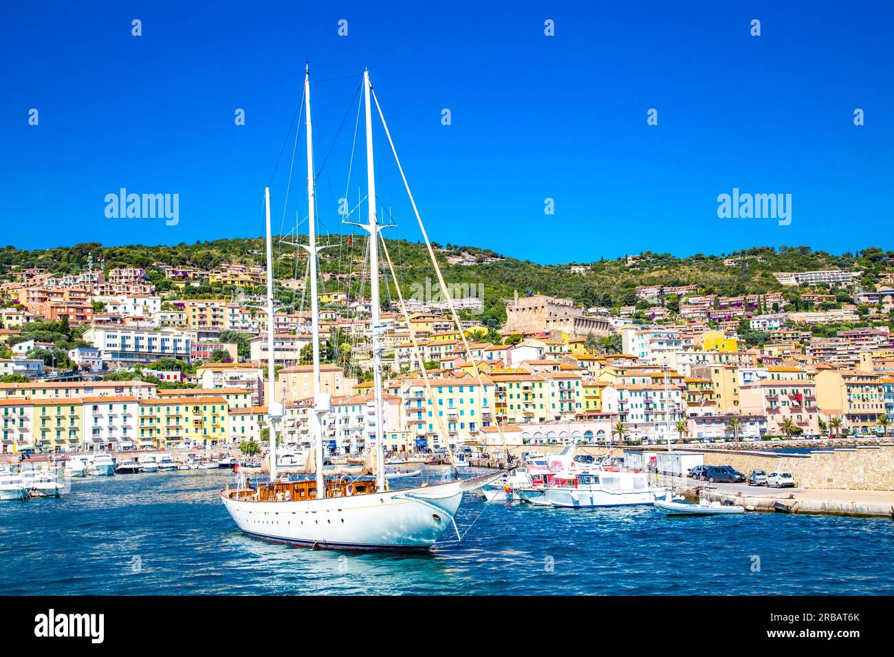 Two-master sailing boat leaving the harbour, Porto Santo Stefano, Monte ...