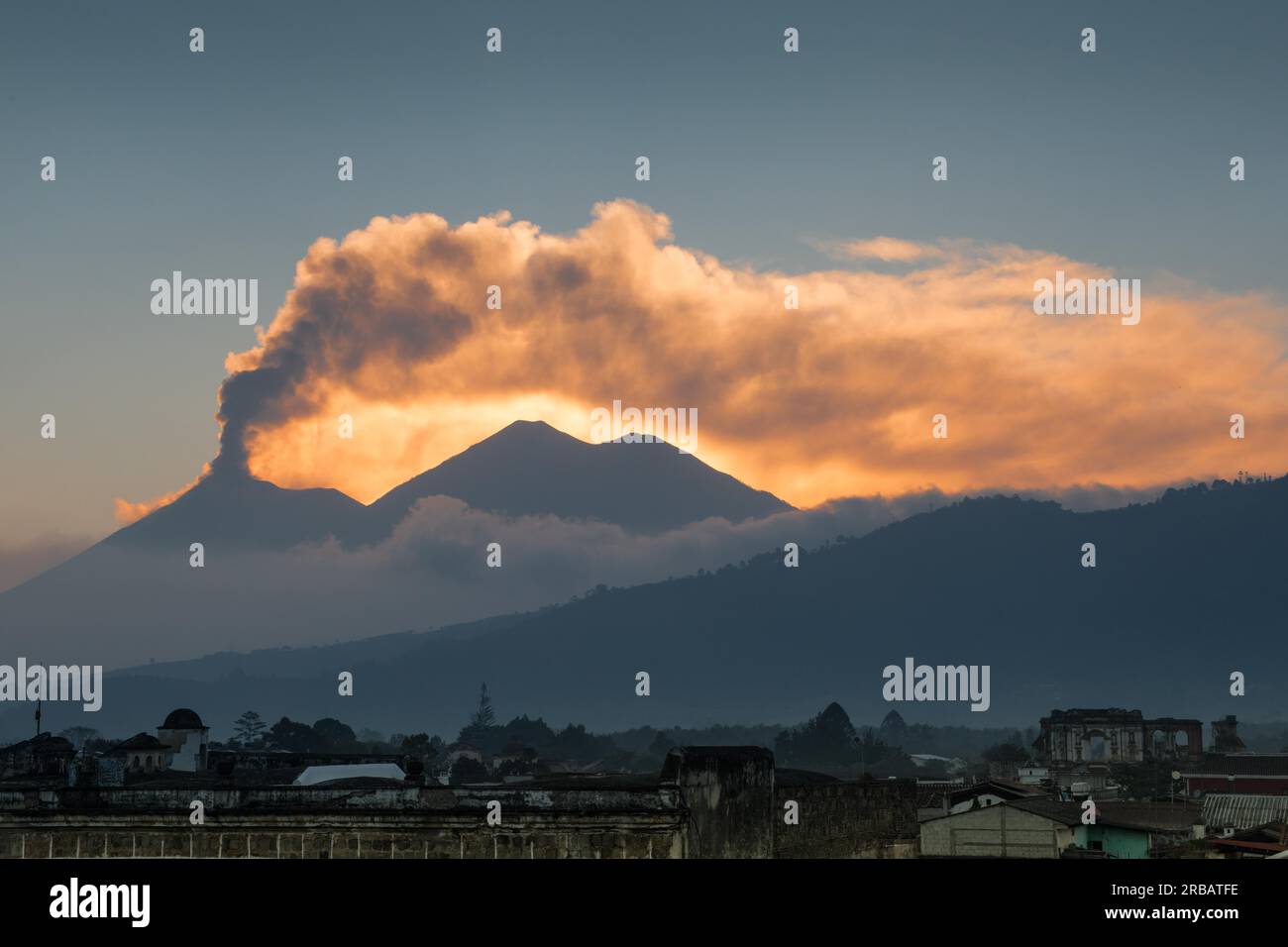 Fuego volcano with cloud of smoke and ash, Antigua, Guatemala Stock ...