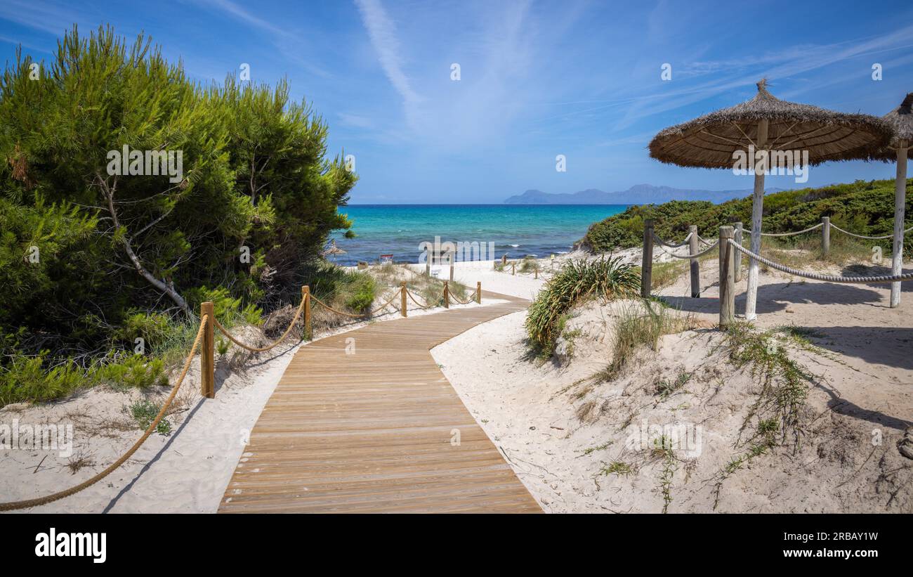 Wooden walkway to Playa de Muro beach, back Mediterranean Sea, Muro ...