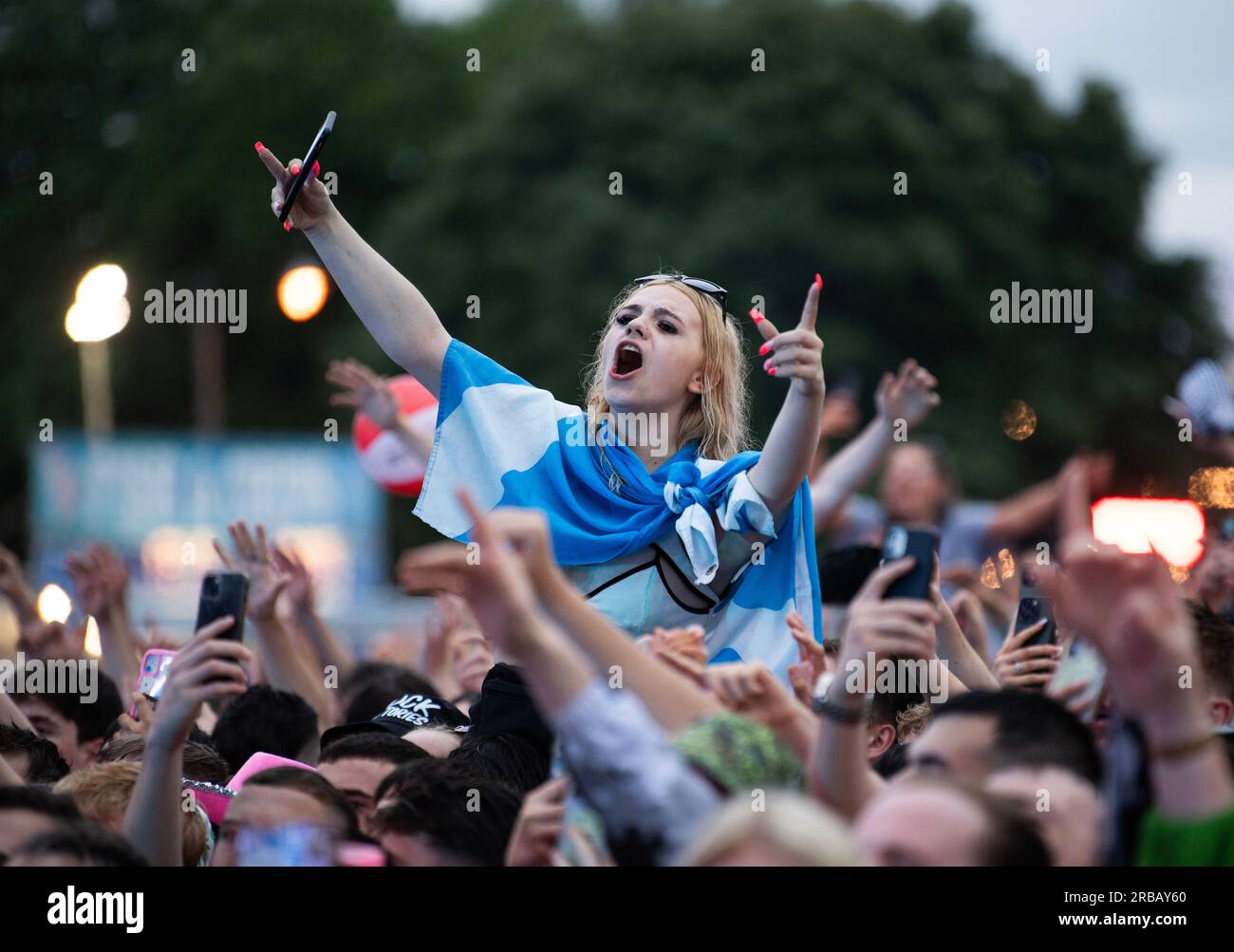 Festival goers watch Sam Fender performing on the main stage at the ...