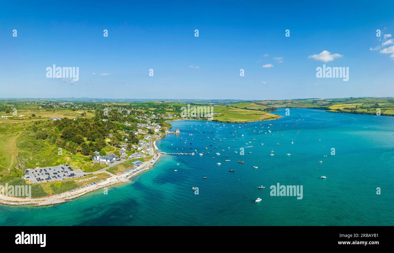 Aerial panorama of the harbour village of Rock on the River Camel, St ...
