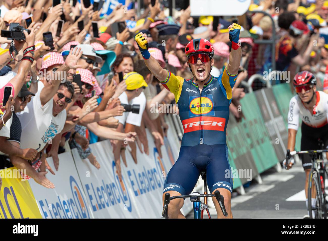 Limoges, France, 8th July 2023, MADS PEDERSEN of LIDL - TREK celebrates ...