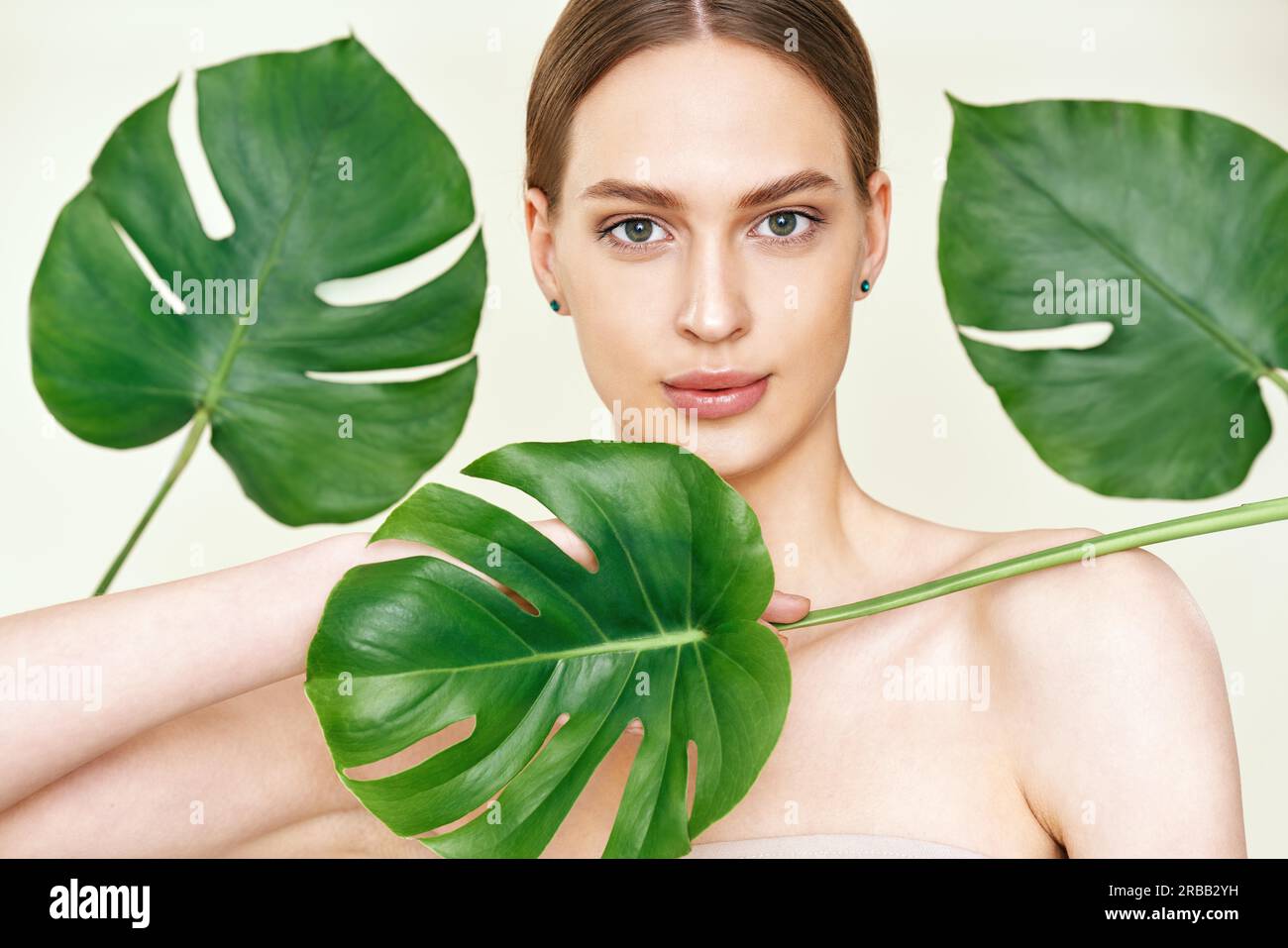 Close up portrait of young beautiful woman with perfect smooth skin in ...