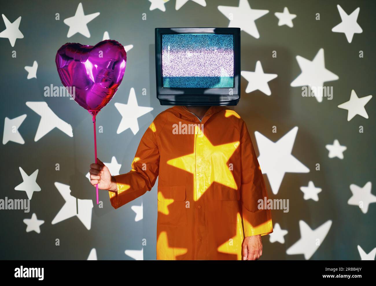 Surreal art of TV addicted man with tv instead of head holding helium ...