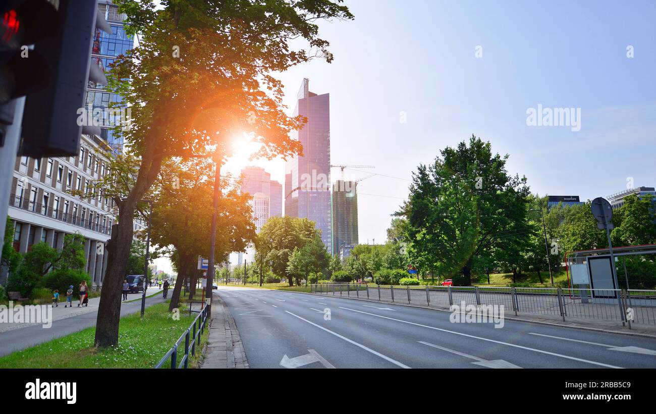 Warsaw, Poland. 5 July 2023. Roundabout Daszynski. Skyscrapers in the ...