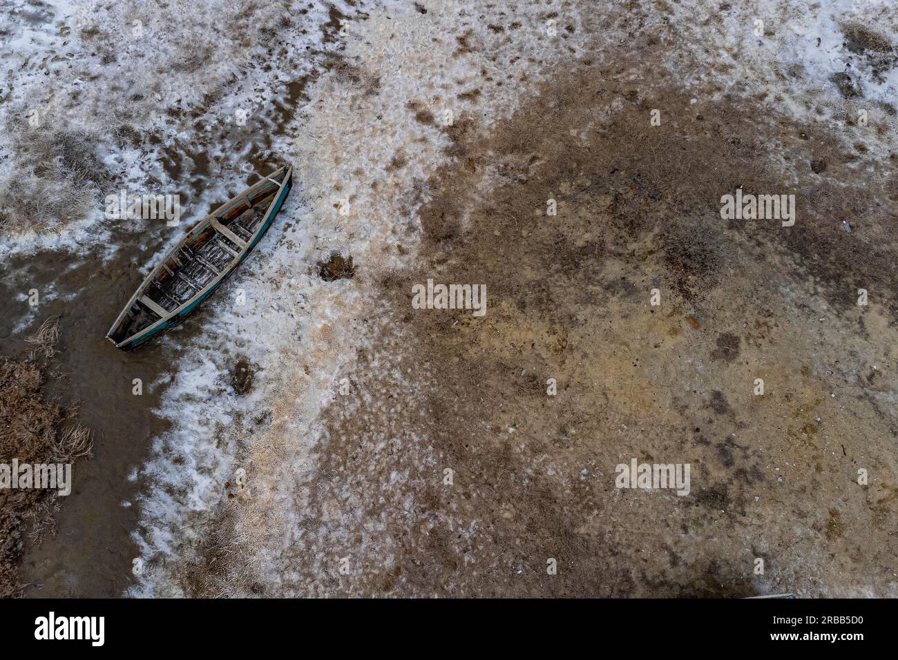 Aerial of the salty grounds of the Aral lake, Aralsk, Aral lake ...