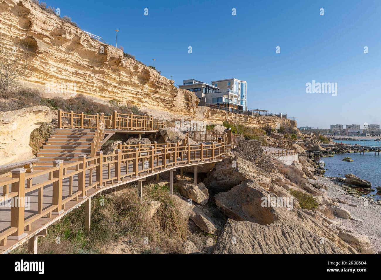Aktau sandstone cliffs and promenade, Aktau, Caspian sea, Kazakhstan ...