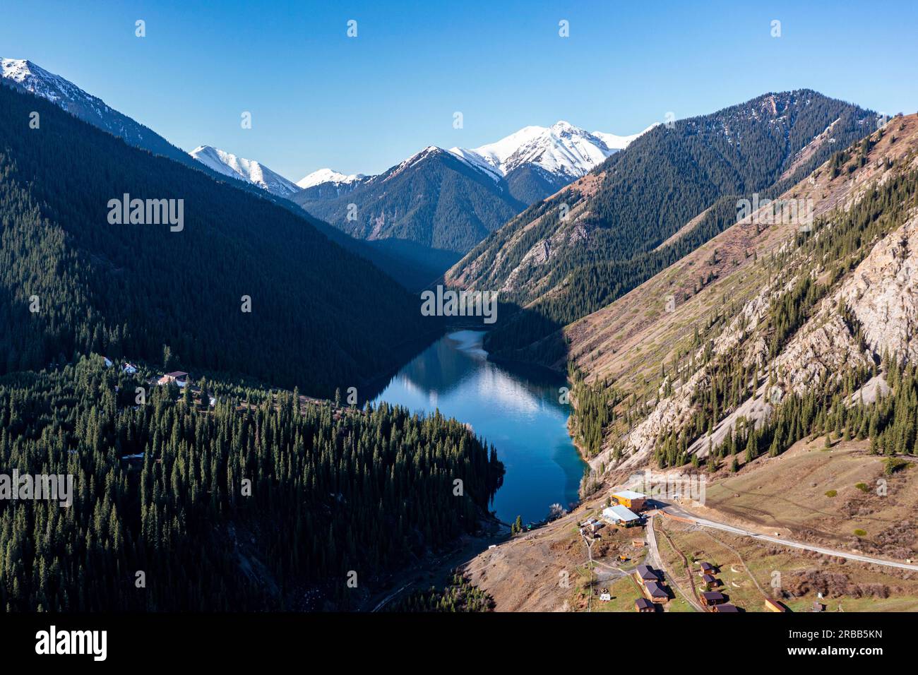 Aerial of the Lower Kolsai lake, Kolsay Lakes National Park, Tian Shan ...