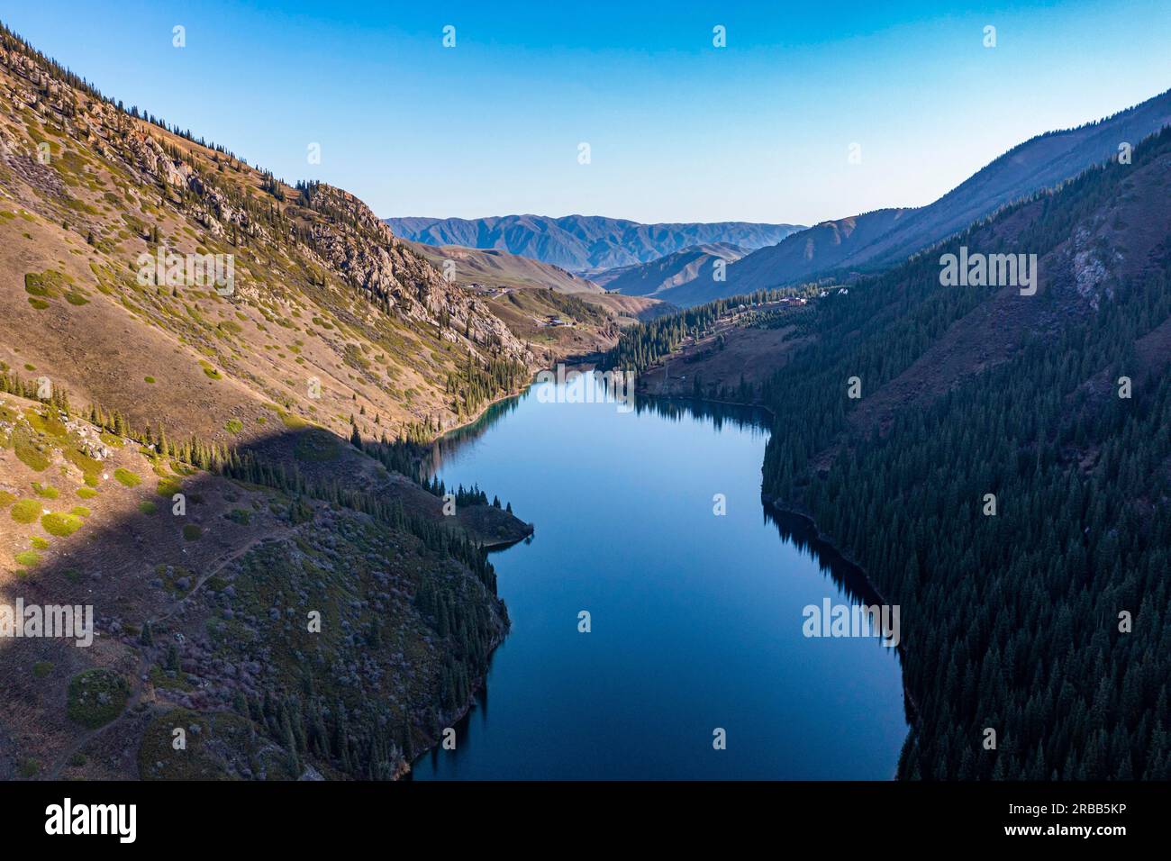 Aerial of the Lower Kolsai lake, Kolsay Lakes National Park, Tian Shan ...