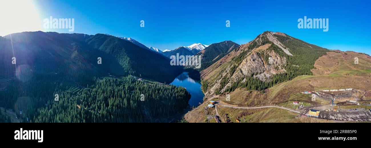 Aerial of the Lower Kolsai lake, Kolsay Lakes National Park, Tian Shan ...
