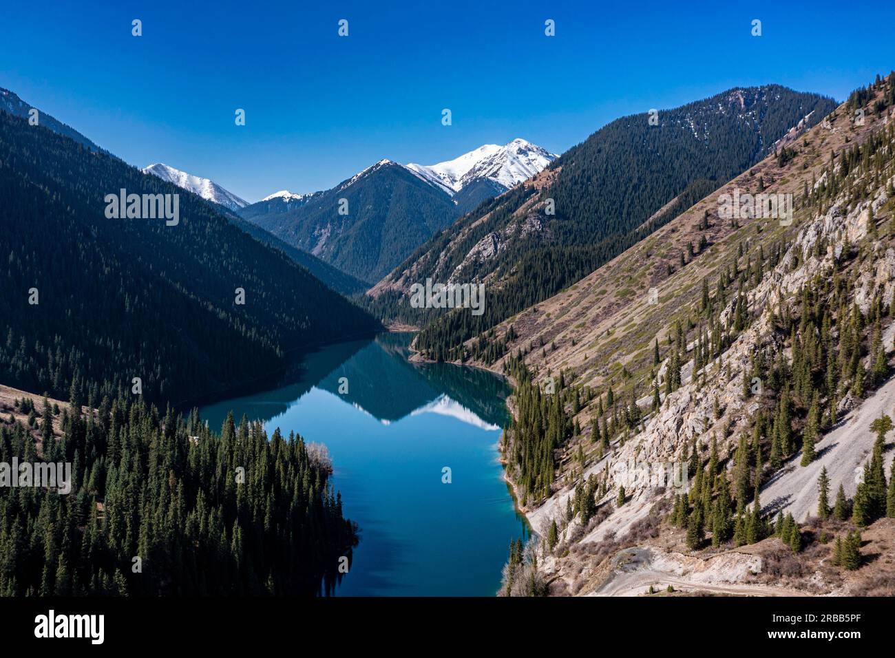 Aerial of the Lower Kolsai lake, Kolsay Lakes National Park, Tian Shan ...