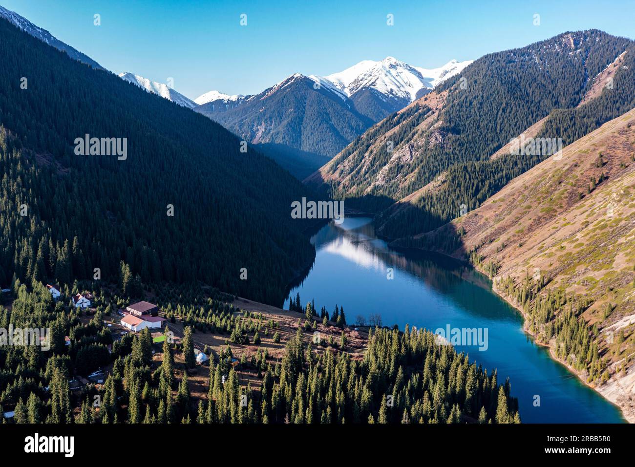 Aerial of the Lower Kolsai lake, Kolsay Lakes National Park, Tian Shan ...